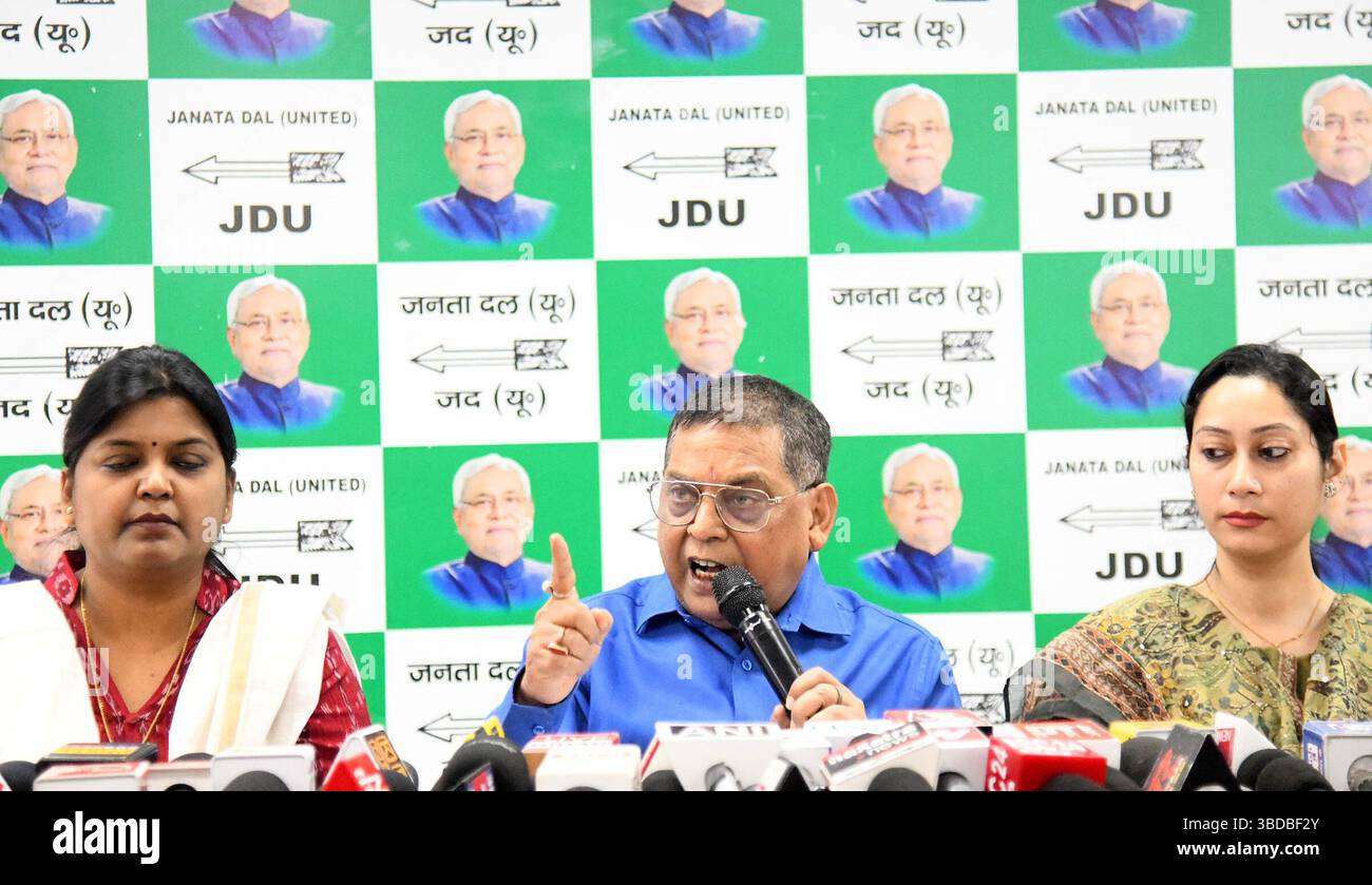 Patna, India. 23rd May, 2025. PATNA, INDIA - MAY 23: JDU MLC Neeraj Kumar addresses a press ...