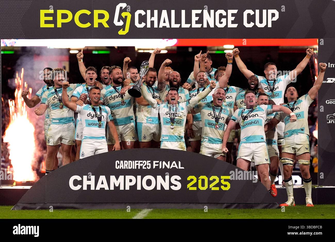 Bath's Ben Spencer lifts the trophy after winning the EPCR Challenge ...