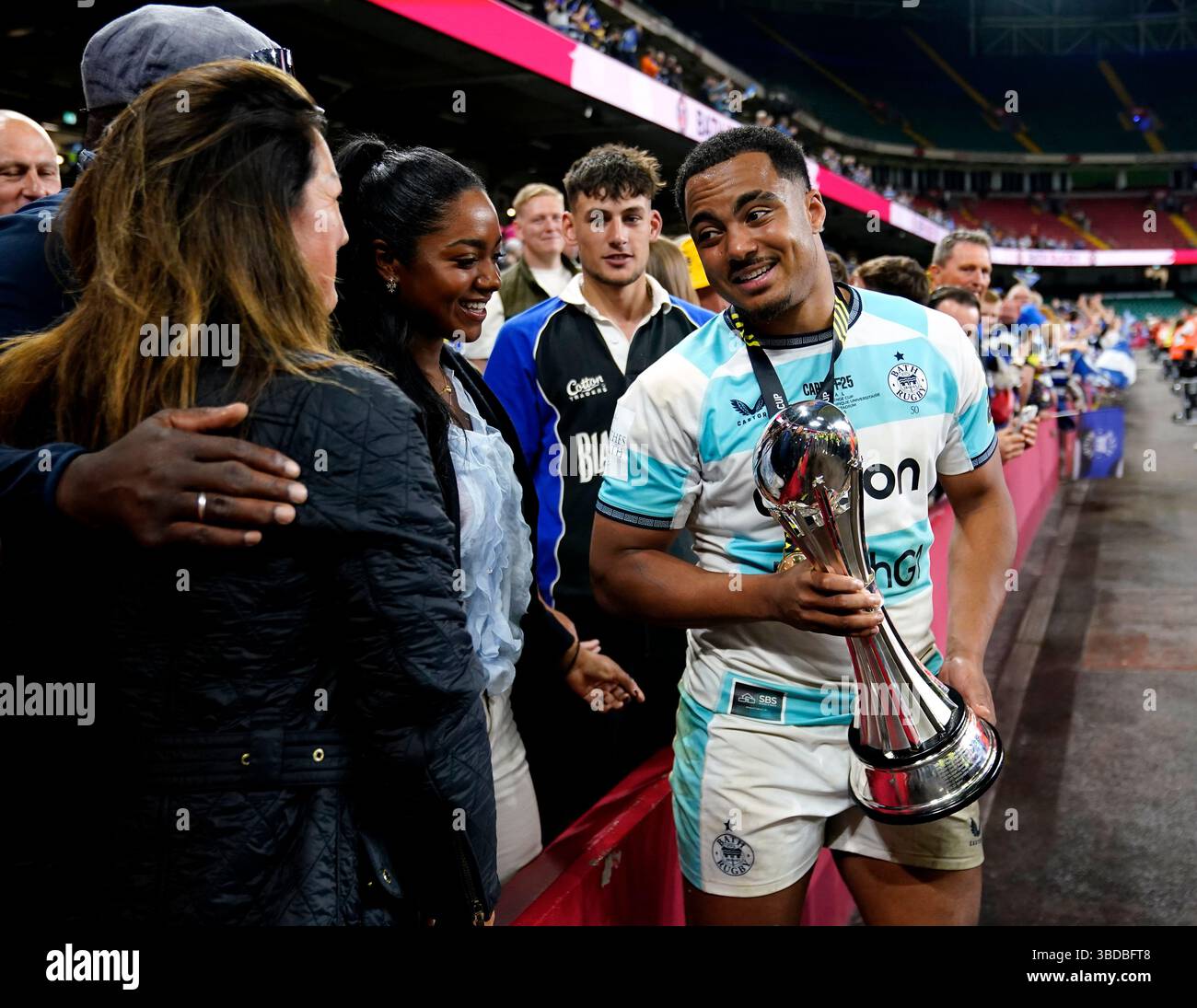 Bath's Max Ojomoh celebrates after winning the EPCR Challenge Cup Final ...