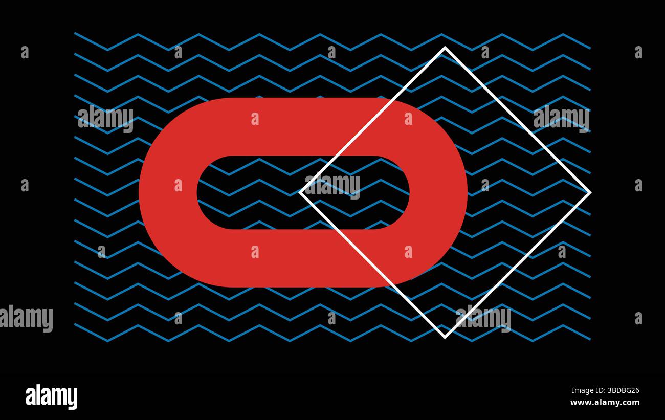 Abstract red loop and white diamond shape over a zigzag blue line ...