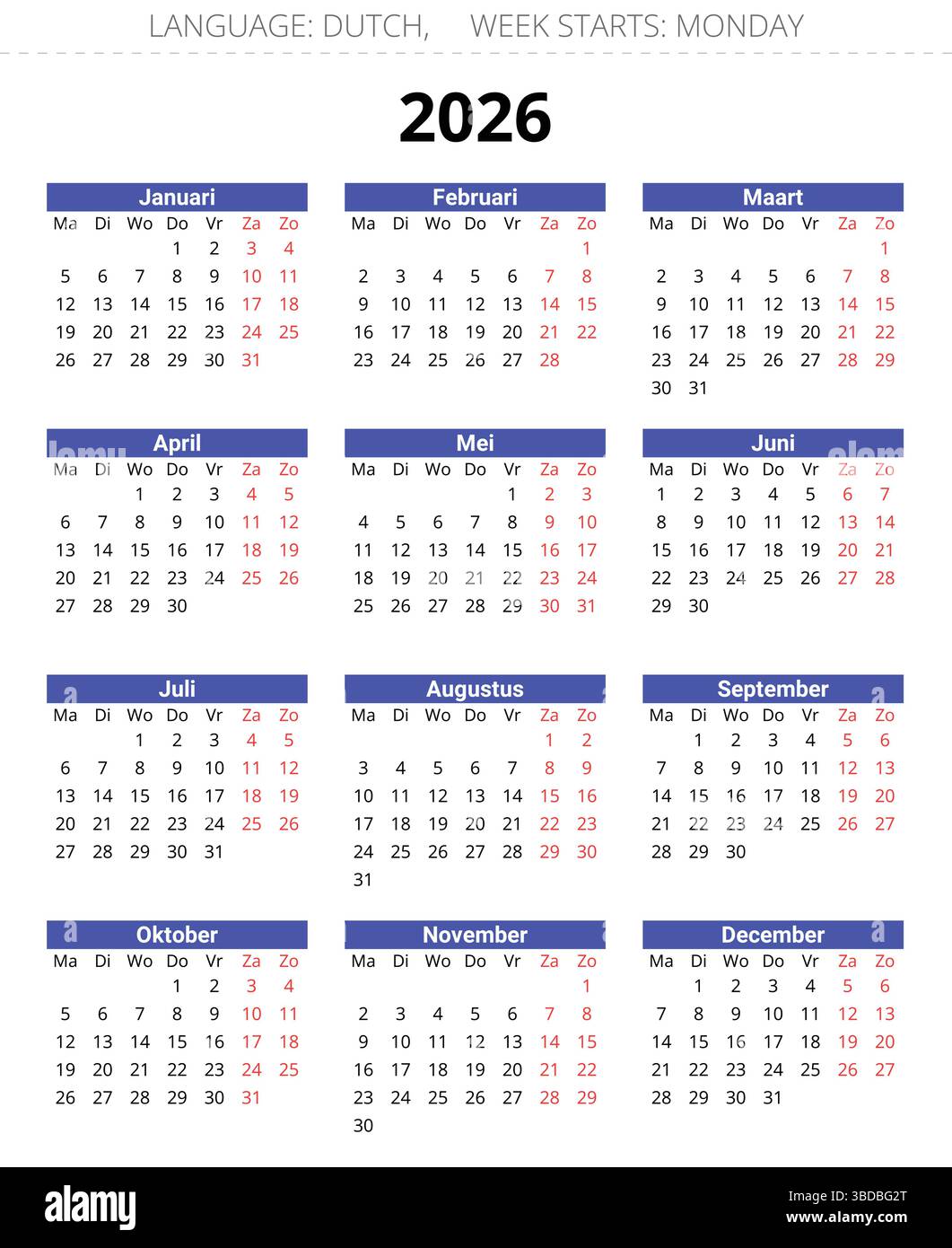 2026 dutch calendar. Printable, editable vector illustration for Dutch ...