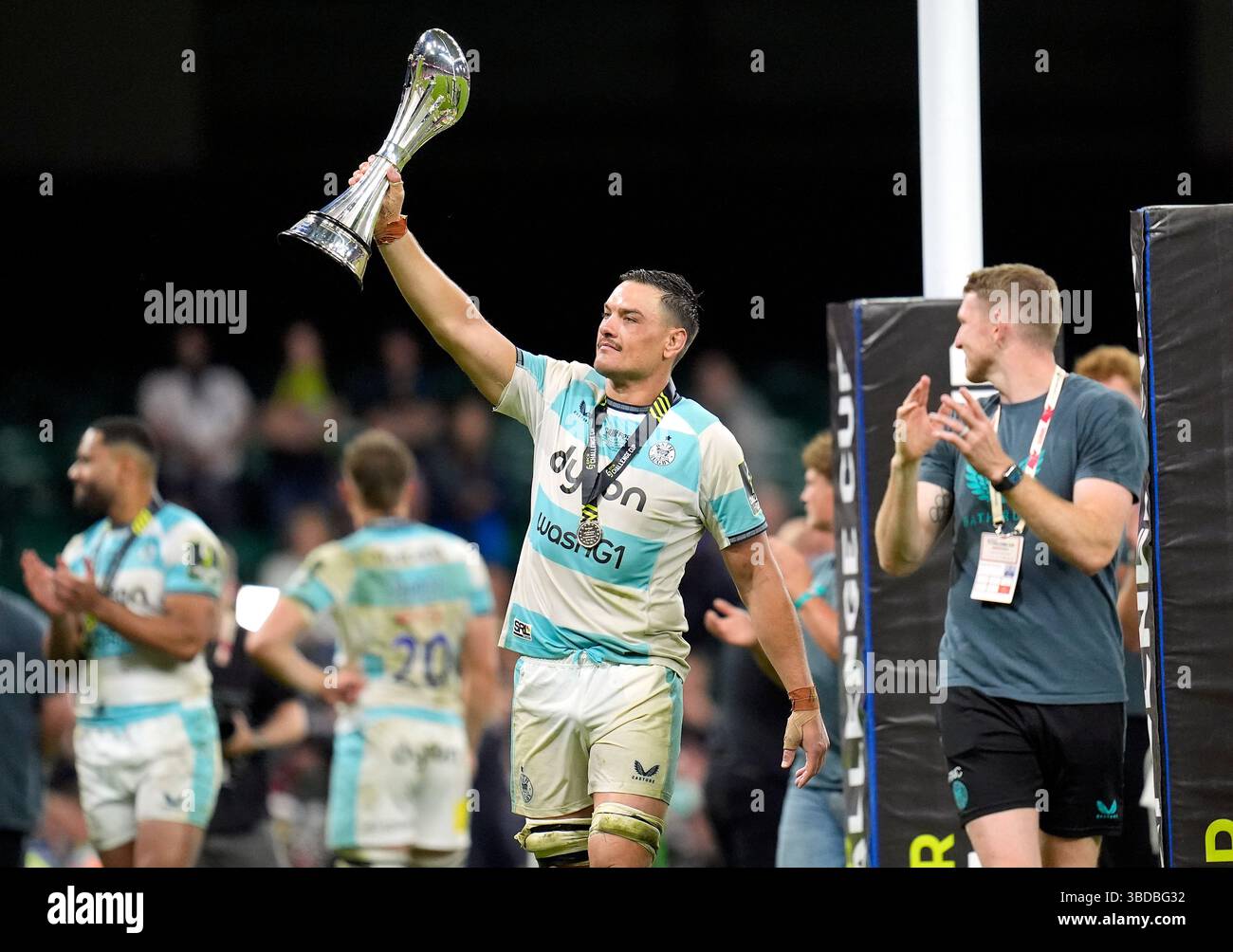 Bath's Quinn Roux celebrates after winning the EPCR Challenge Cup Final ...