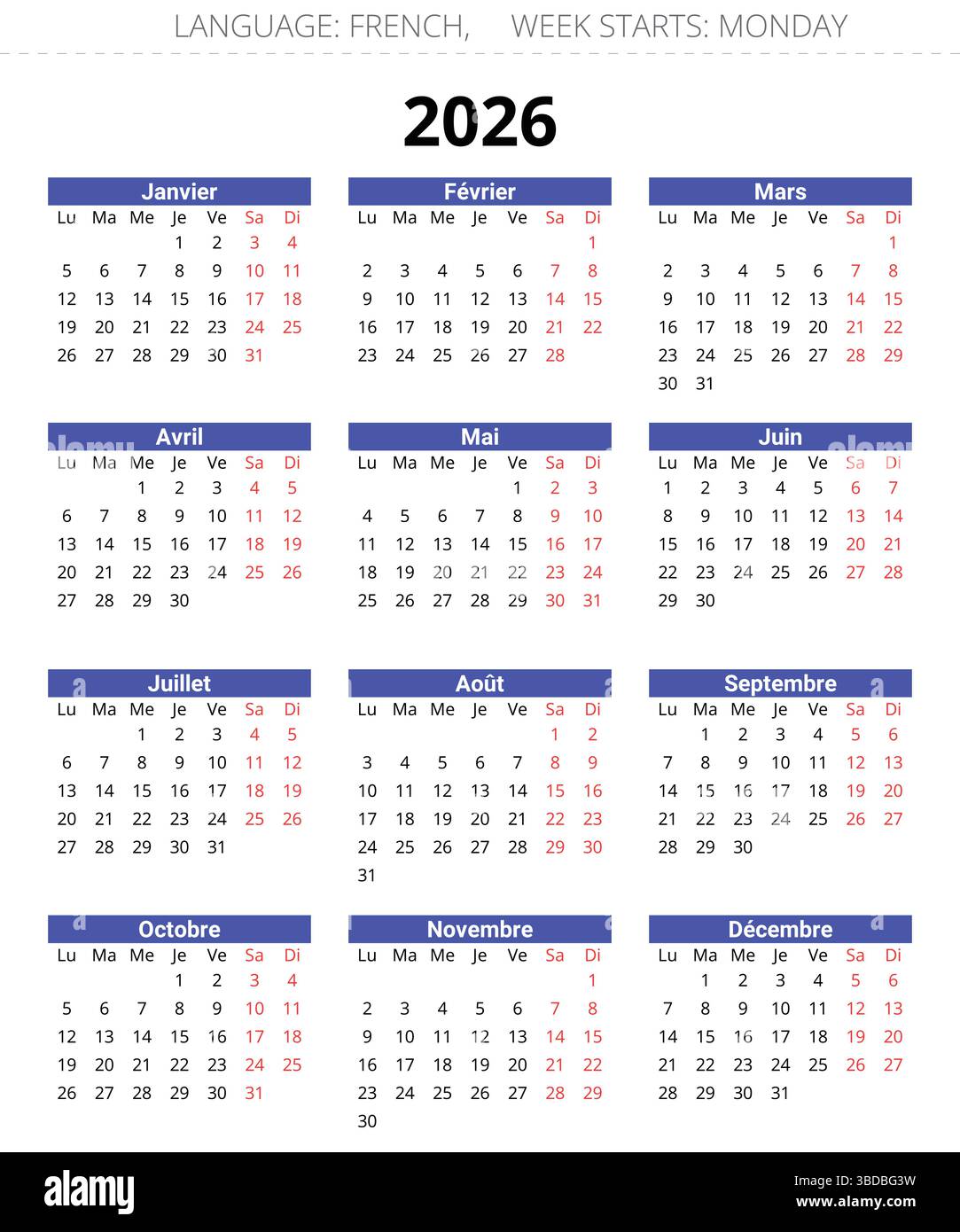 2026 french calendar - calendrier. Editable vector illustration for ...