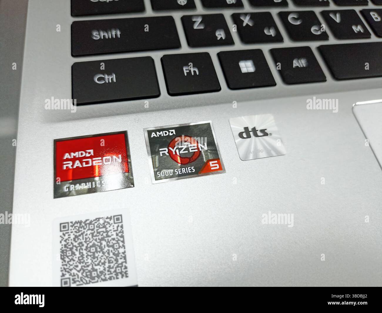 Laptop keyboard with amd radeon ryzen 5 and dts stickers Stock Photo ...