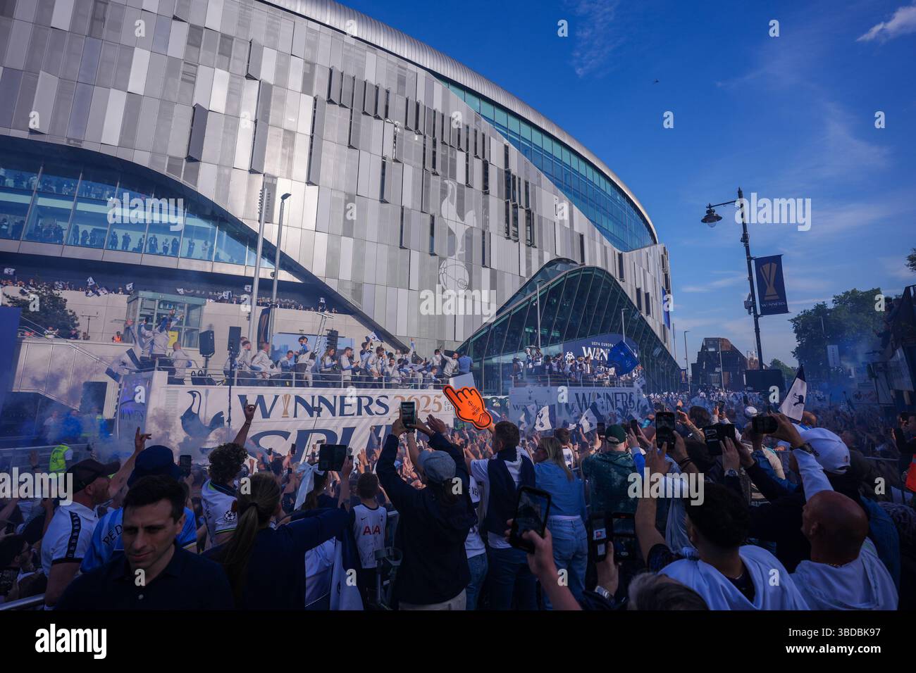 Tottenham Hotspur players on an open-top team bus during the Europa ...
