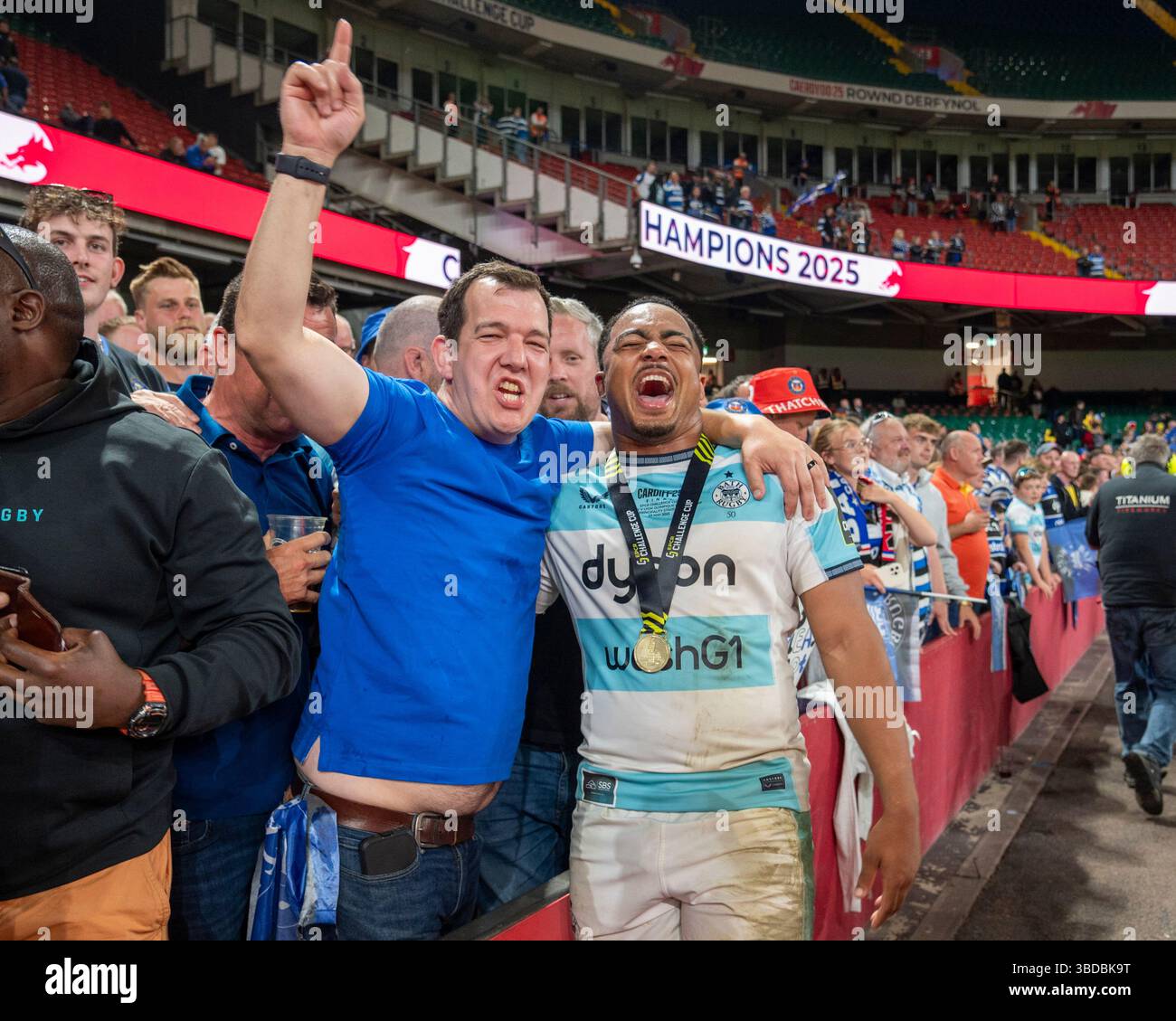 Cardiff, UK. 23rd May, 2025. Max Ojomoh of Bath celebrates with the fan ...