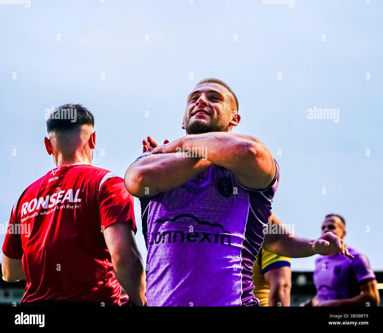 WARRINGTON, ENGLAND - MAY 23: Mickey Lewis Celibrates his try during ...