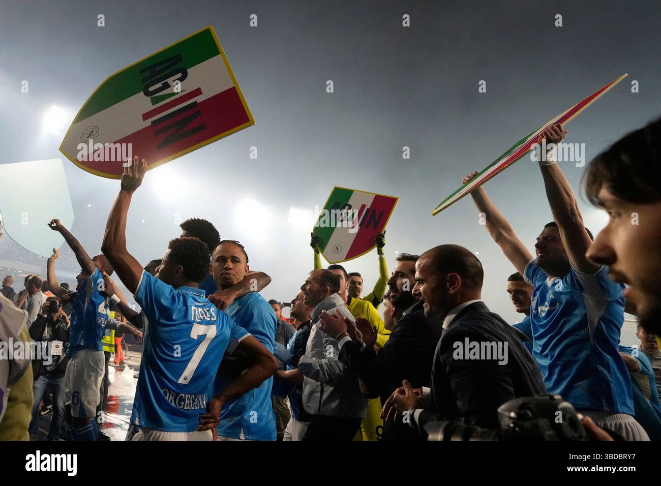 Napoli's team players celebrate after winning the Italian league soccer ...