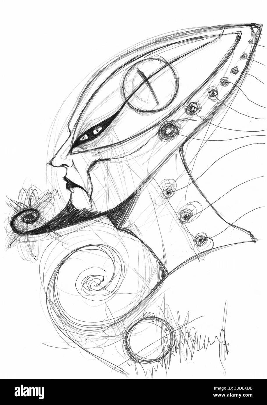 Alien and biomechanical profile sketch with technological implants and ...