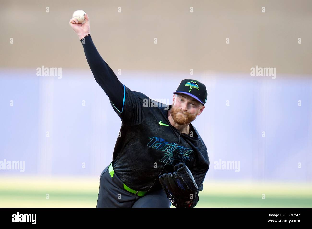 Tampa Bay Rays pitcher Drew Rasmussen delivers to the Toronto Blue Jays ...