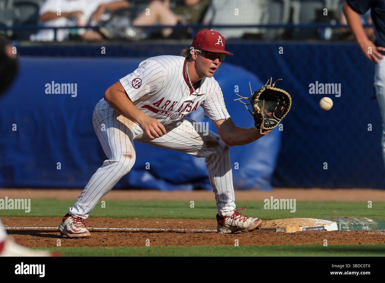 HOOVER, AL - MAY 23: Arkansas infielder Reese Robinett (18) catches the ...