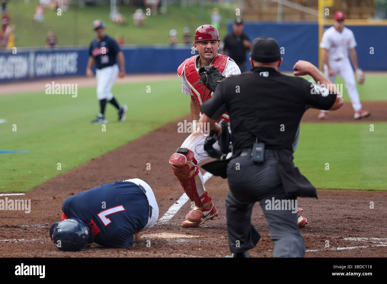 HOOVER, AL - MAY 23: Arkansas catcher Ryder Helfrick (27) looks to the ...