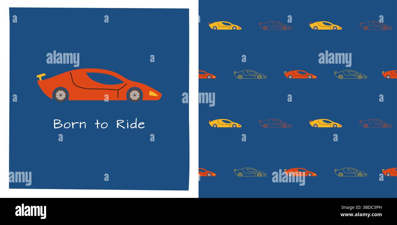 Sport Car cartoon seamless pattern. Hand drawn cute modern automobile ...