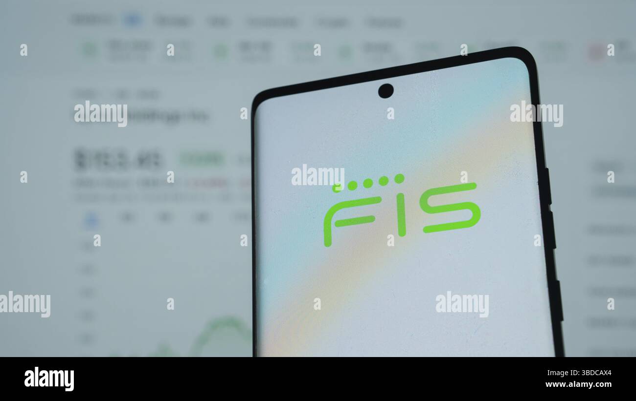 Smartphone displaying FIS logo against a stock market graph background ...