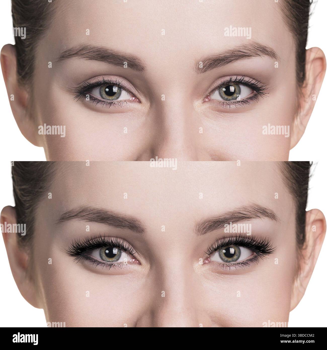 Comparison portrait of female eyes before and after eyelash extension ...