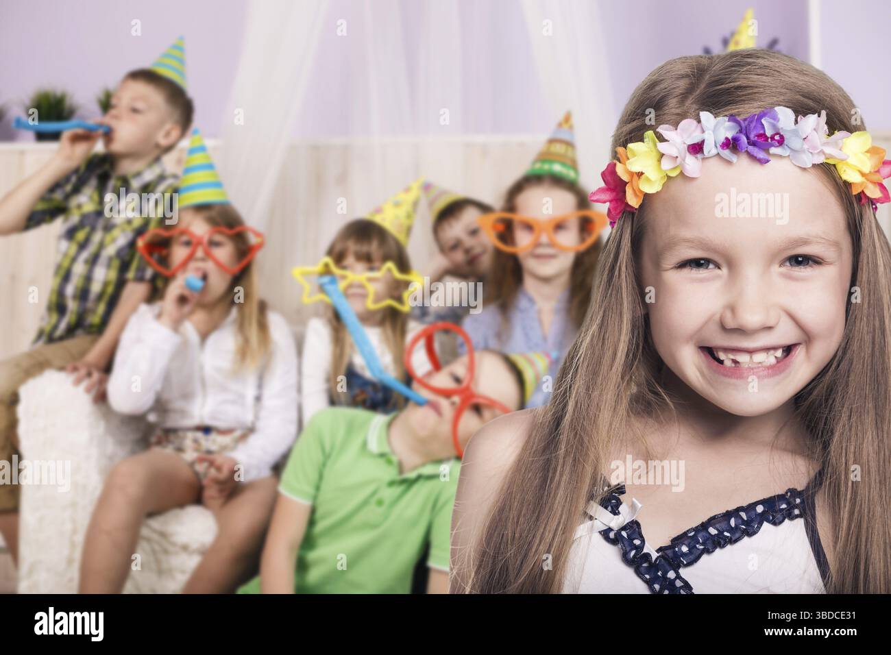 Happy smiling children celebrating birthday party at home Stock Photo ...