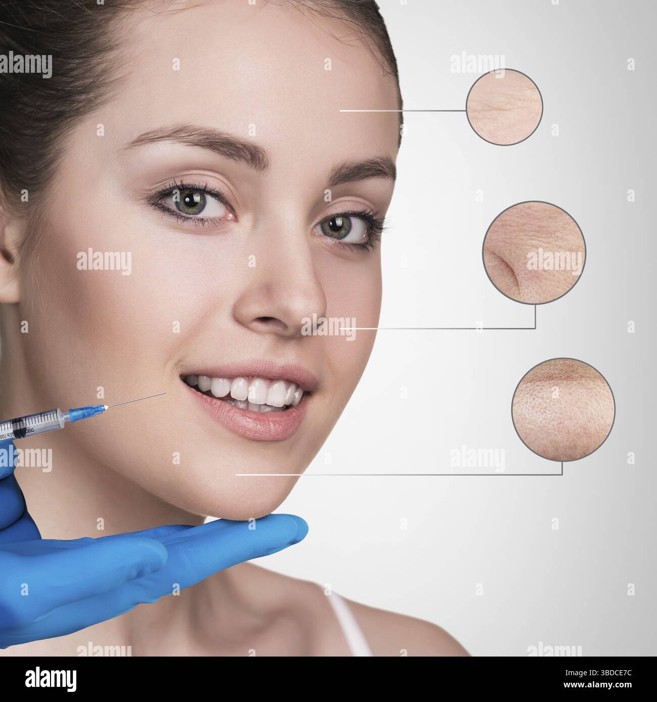 Cosmetic injection to the pretty female face with zoom circles. Over ...