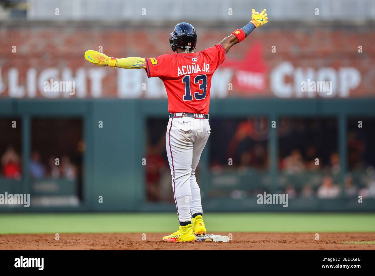 Atlanta Braves outfielder Ronald Acuna Jr. (13) reacts after reaching ...