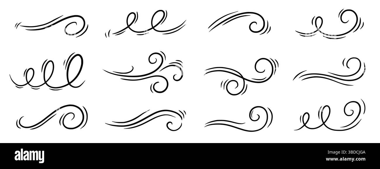 Wind line air swirl smoke vector icon set. Hand drawn doodle wind ...