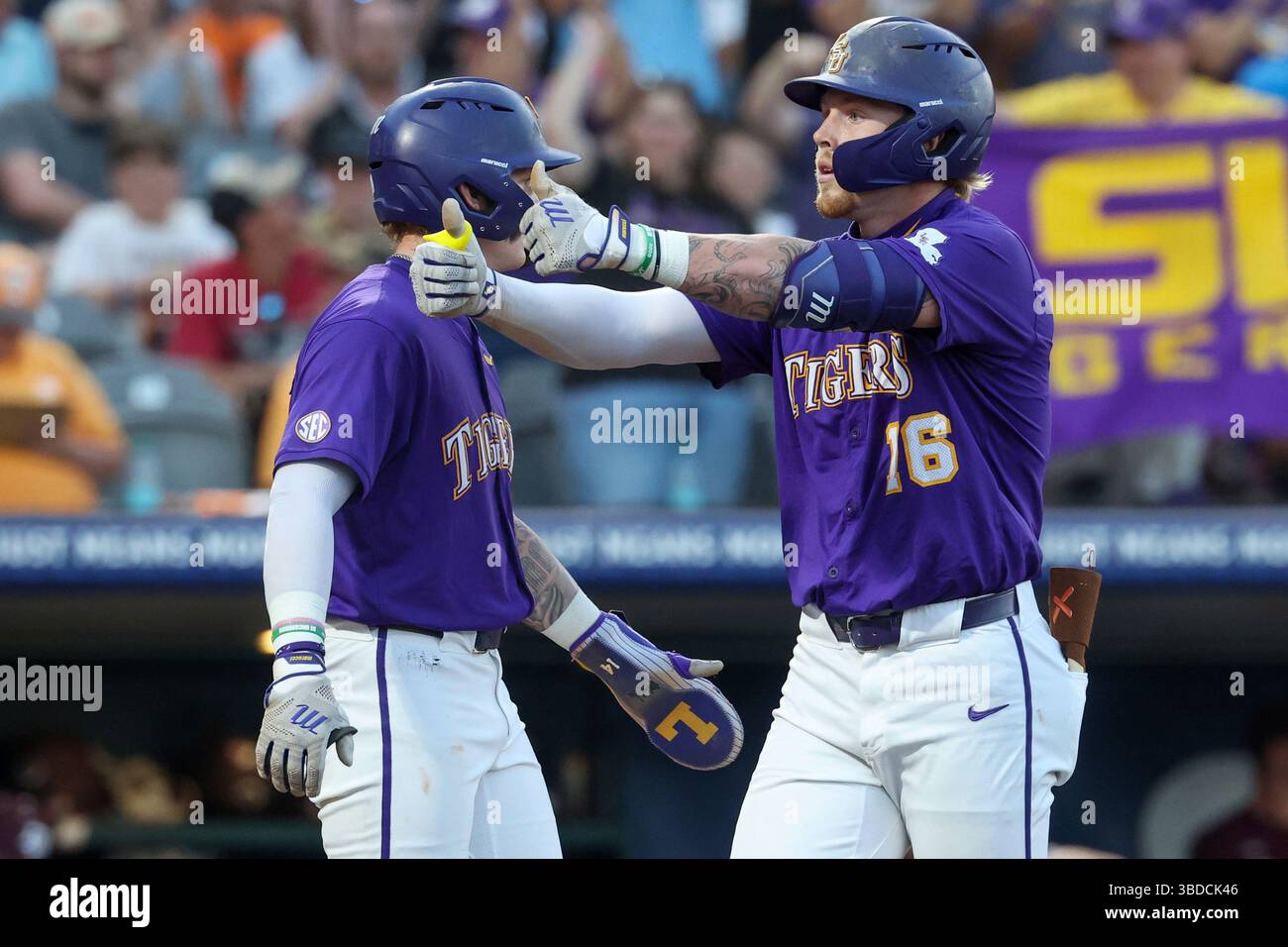 HOOVER, AL - MAY 23: LSU outfielder Ethan Frey (16) holds two thumbs up ...