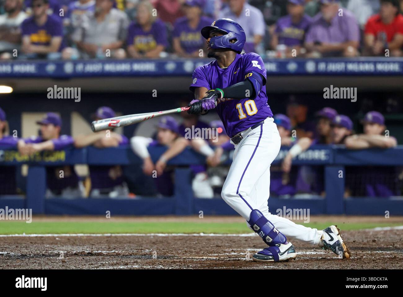HOOVER, AL - MAY 23: LSU infielder Michael Braswell (10) hits a ball ...