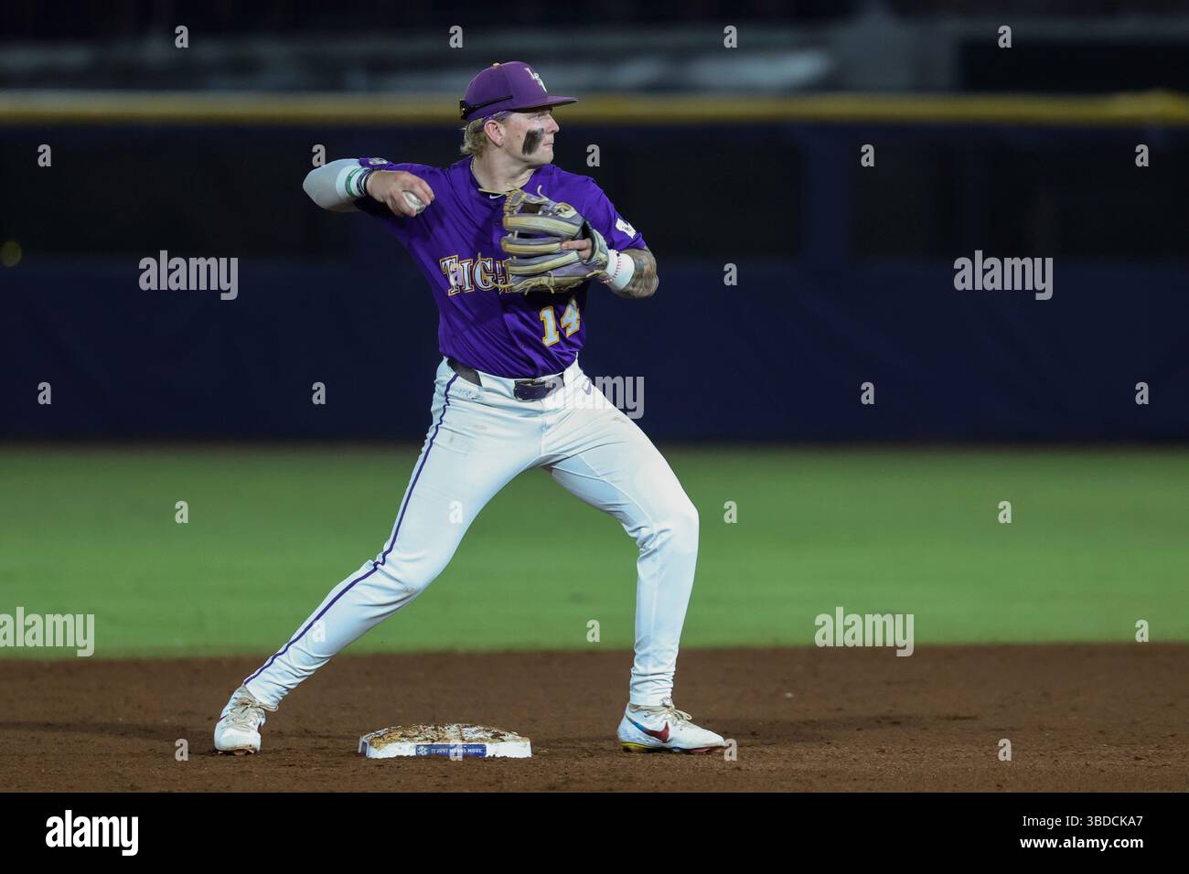 HOOVER, AL - MAY 23: LSU infielder Daniel Dickinson (14) throws from ...