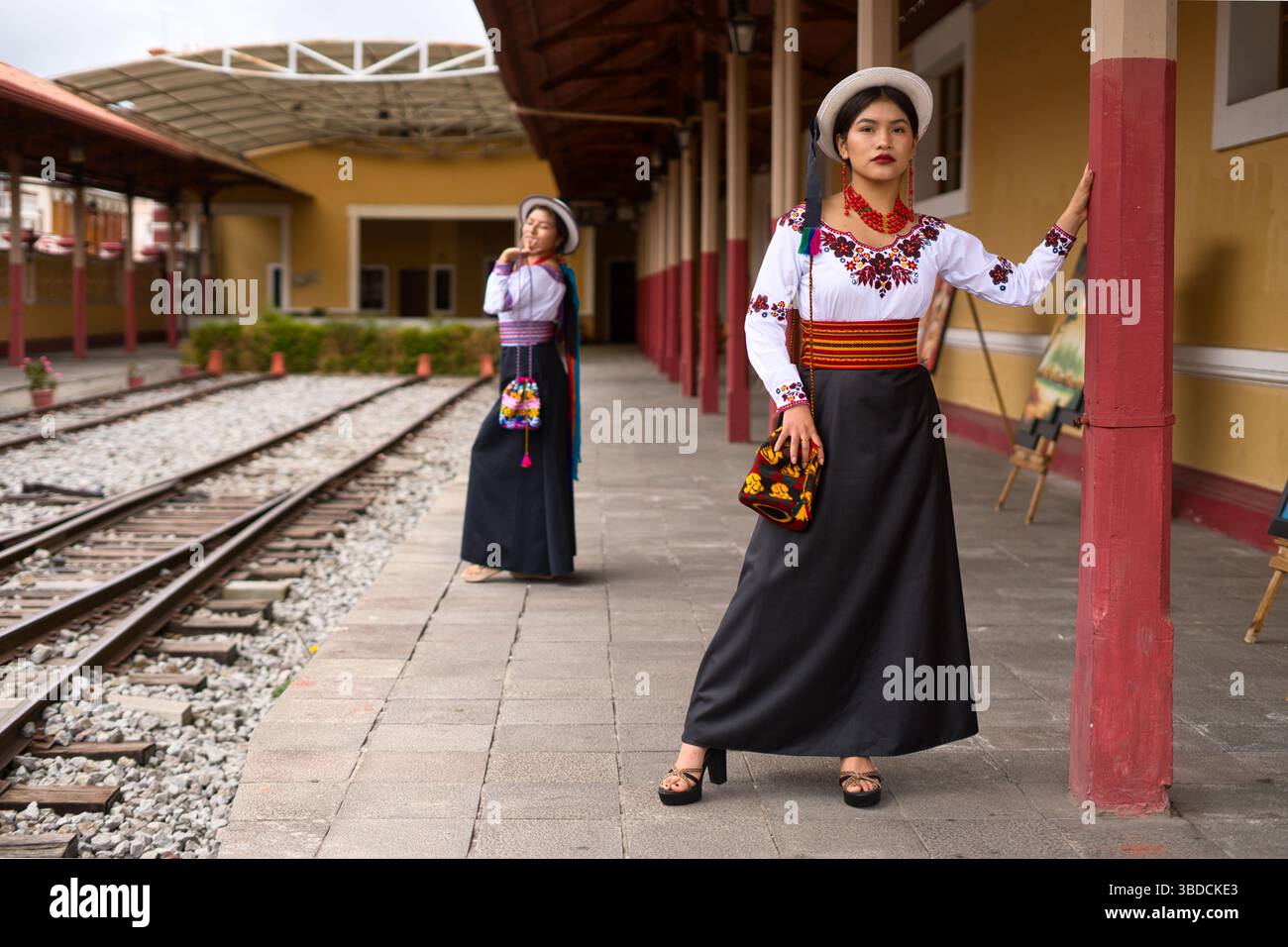Two indigenous otavalo women wearing traditional andean clothing and ...