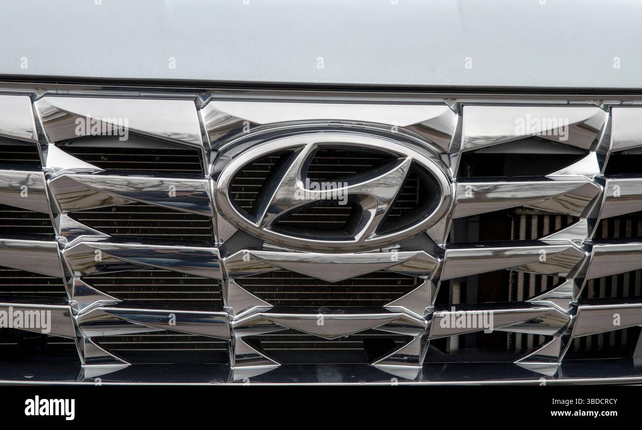Bratislava, Slovakia - March, 16, 2025 : Hyundai logo on the car hood ...