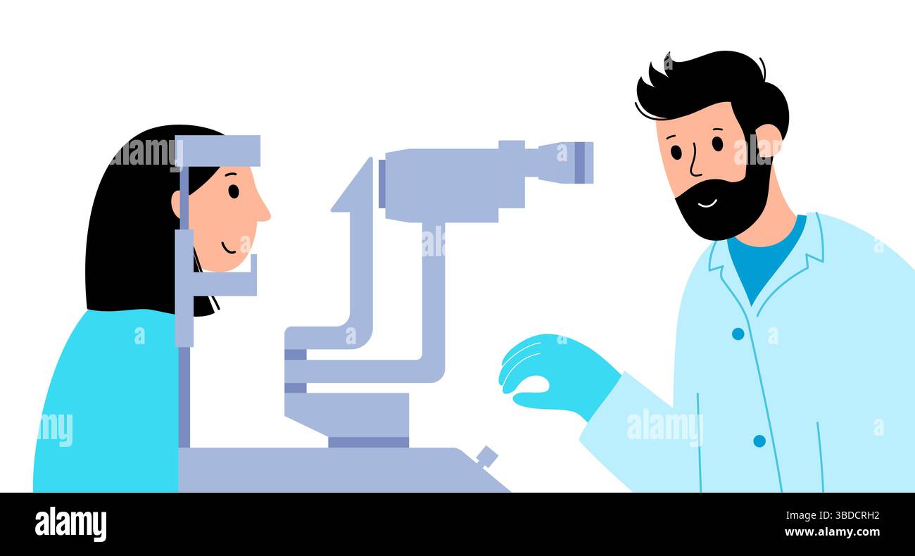 Illustration of a slit lamp eye exam. This is a routine procedure that ...