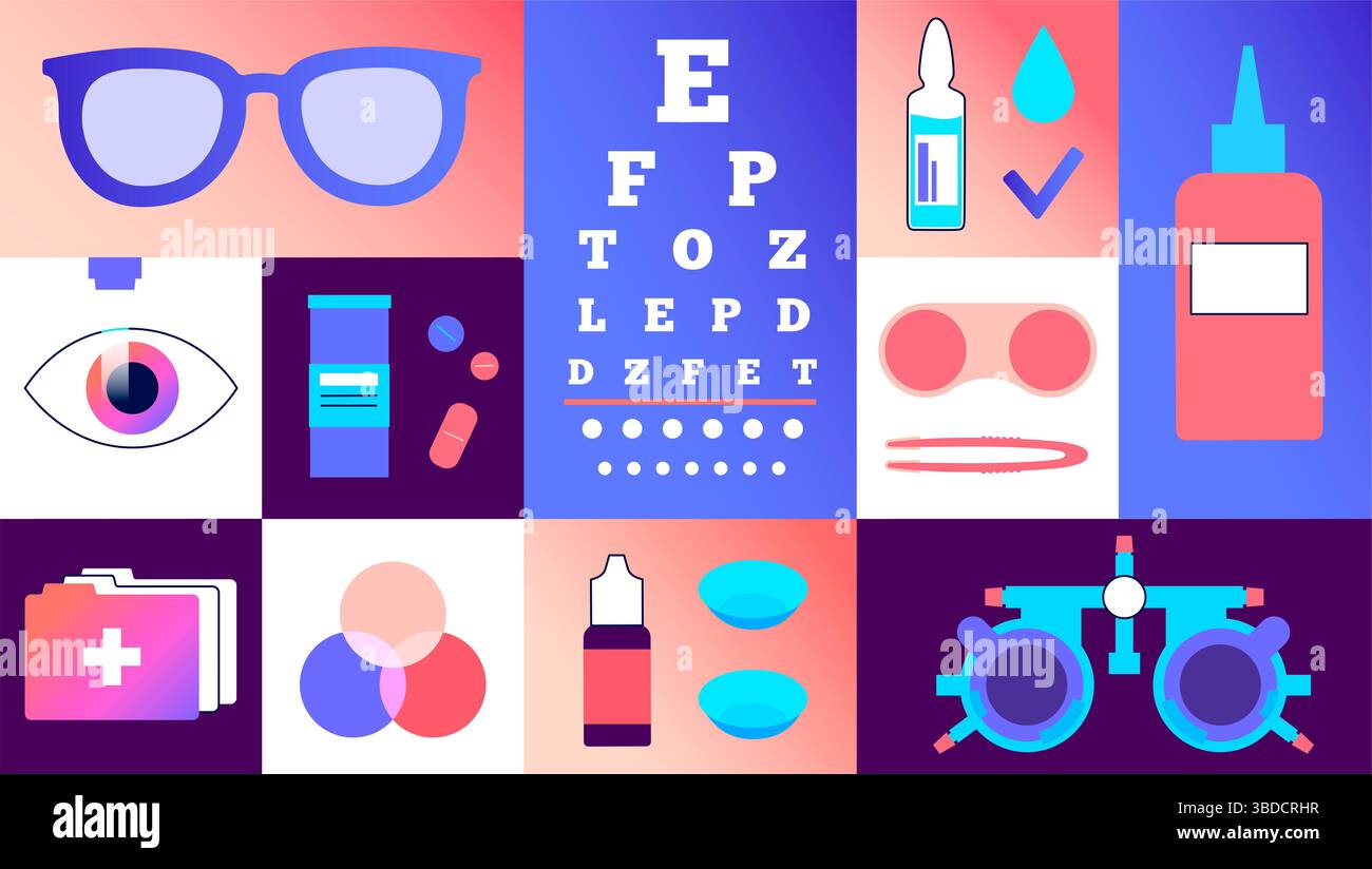 Conceptual illustration of optometry showing an eye chart, ophthalmic ...