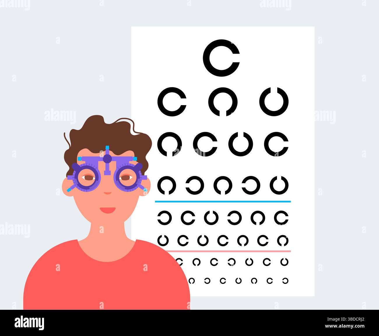 Illustration of an eyesight exam with an ophthalmic trial frame. An eye ...