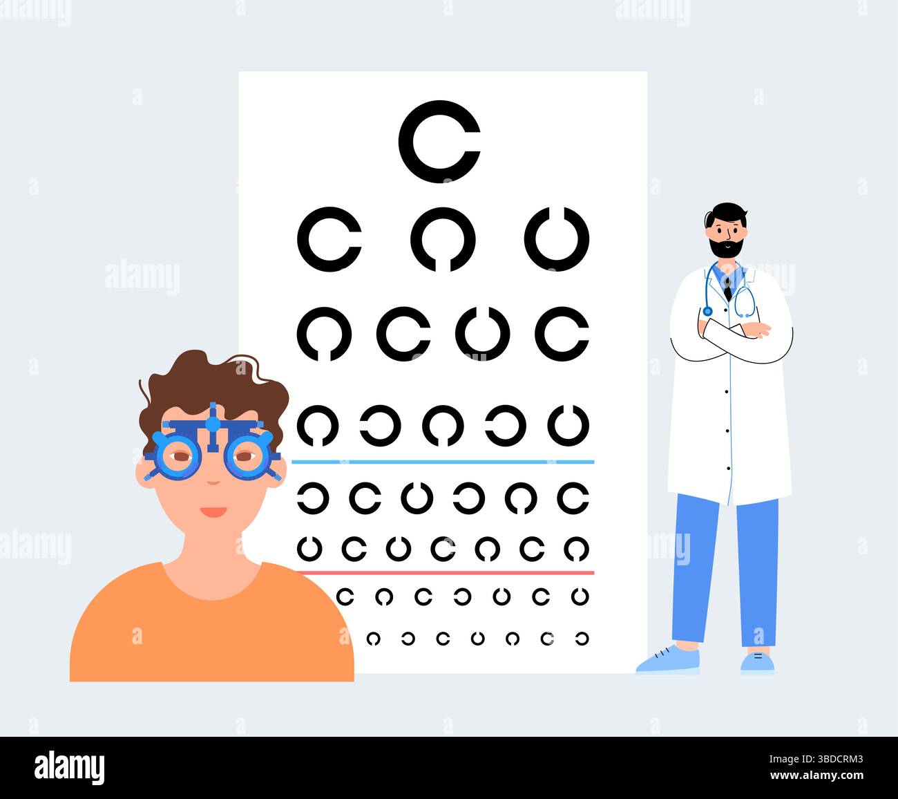 Illustration of an eyesight exam with an ophthalmic trial frame. An eye ...