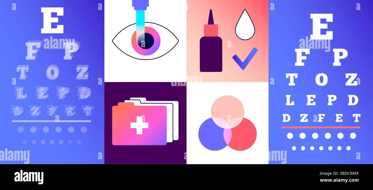Illustration of an eye examination and treatment. An eye chart test ...