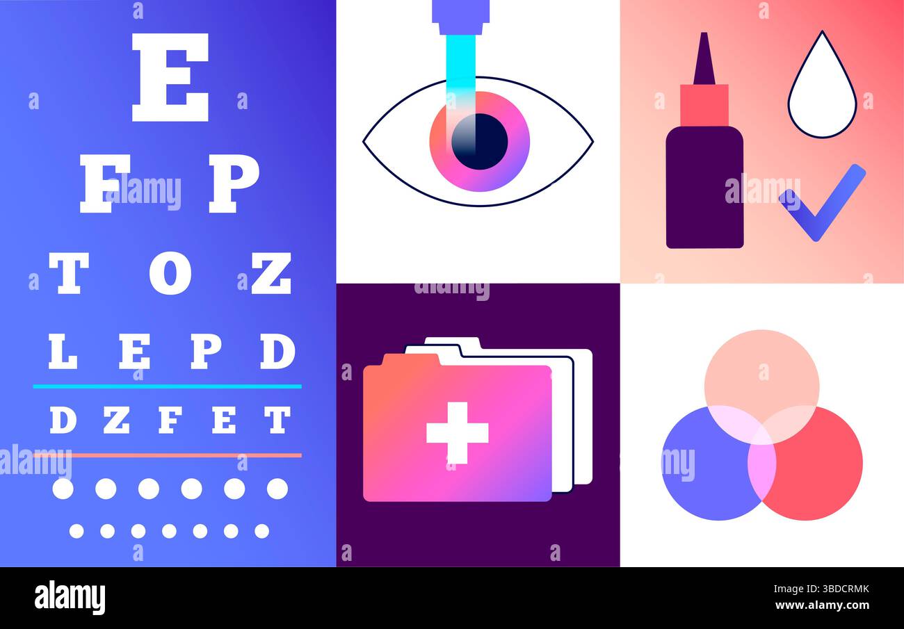 Illustration of an eye examination and treatment. An eye chart test ...