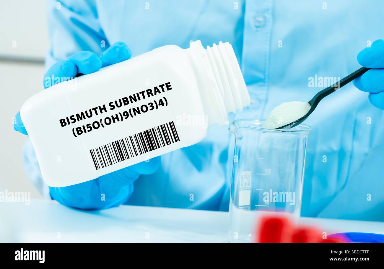 Bismuth subnitrate (Bi5O(OH)9(NO3)4). Used in pharmaceuticals ...