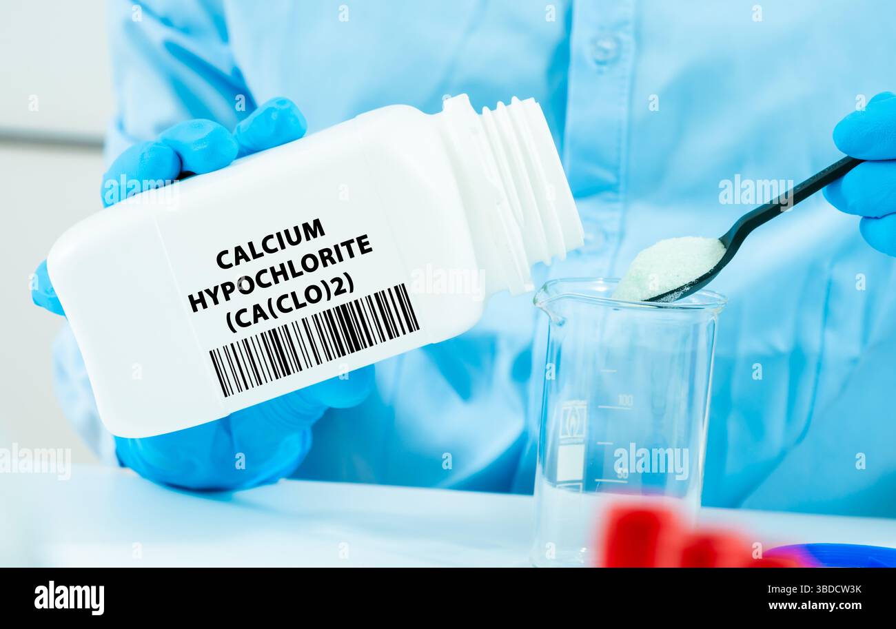 Calcium hypochlorite (Ca(ClO)2). Used as a disinfectant, in water ...