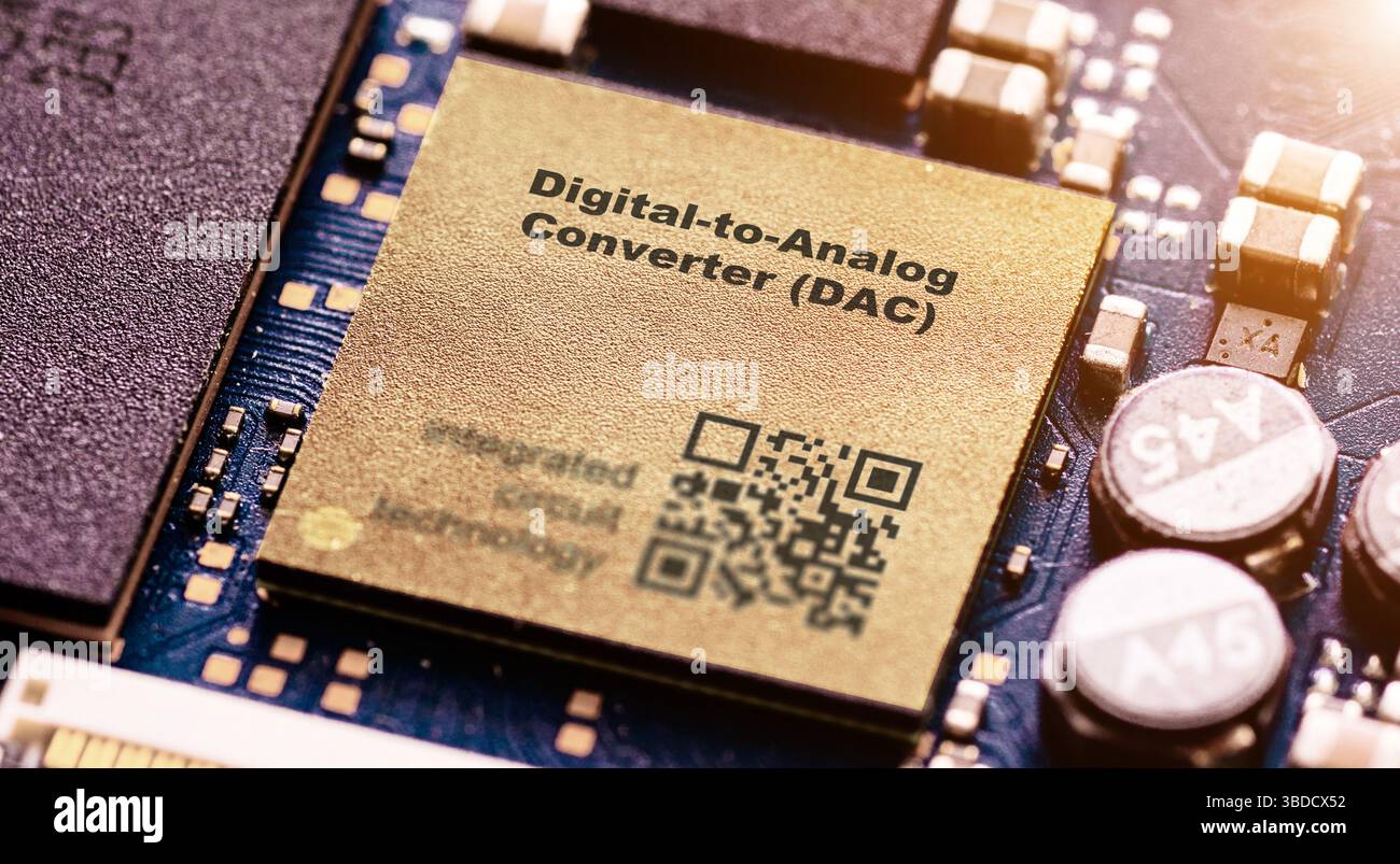 Digital-to-analogue converter (DAC) microchip. Converting digital signals into analogue signals ...