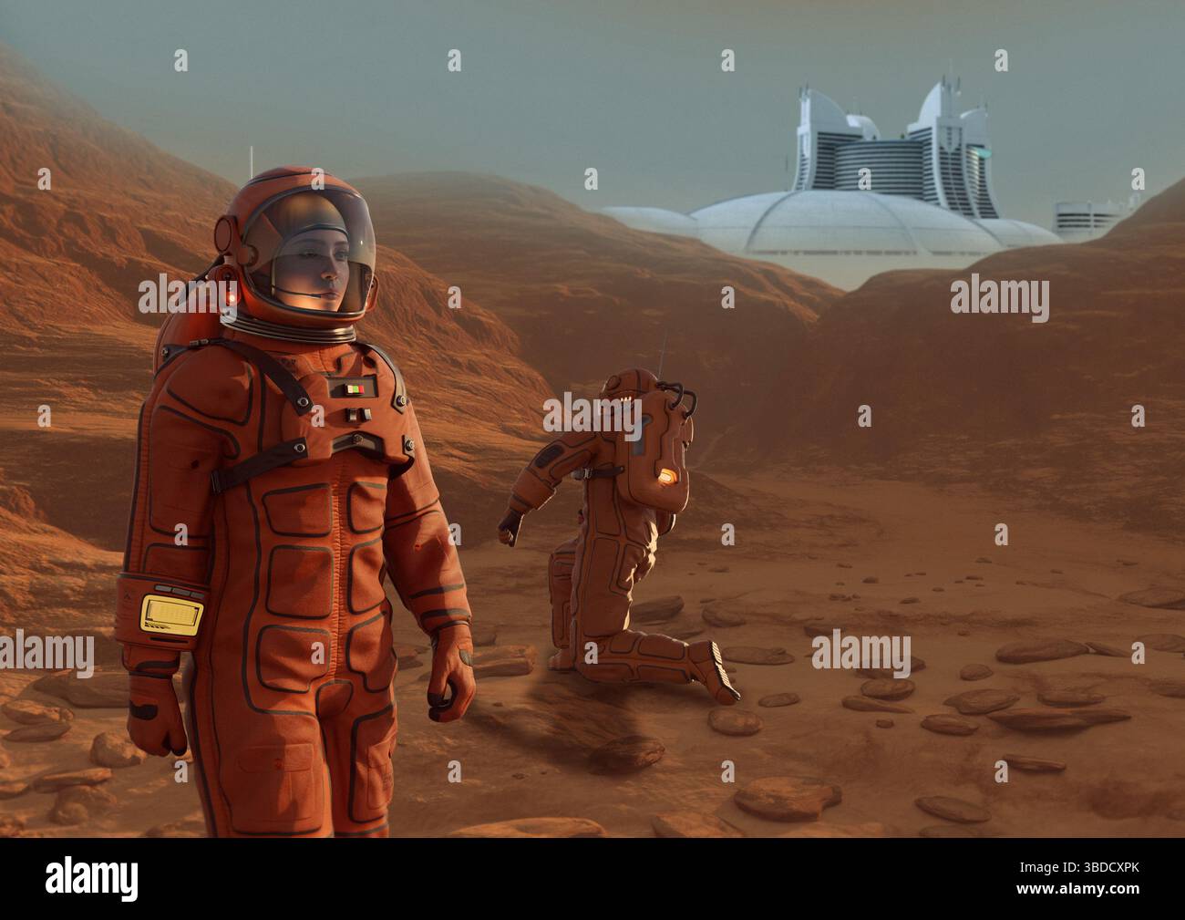Illustration of astronauts near a large base on Mars Stock Photo - Alamy