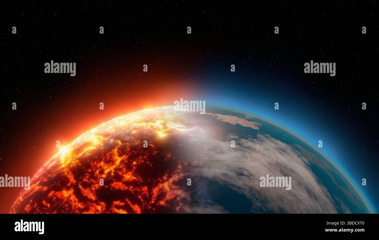 Artwork depicting the change of the planet Earth. The left side of the ...