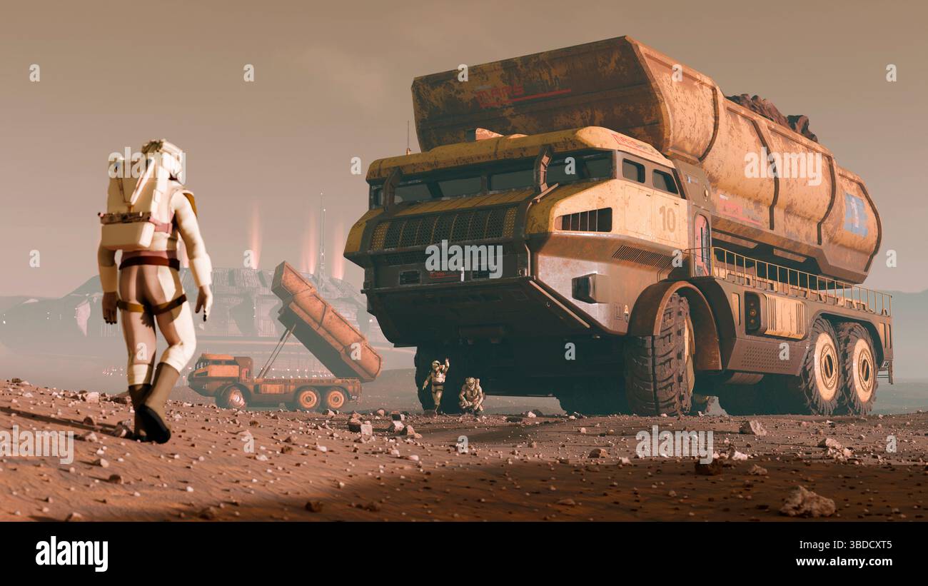 Illustration of ore hauling vehicles on the surface of Mars. Mining ...