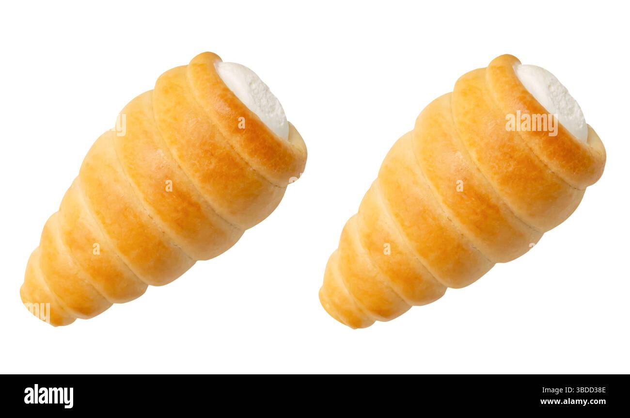 Top view set of two puff pastry cream horns is isolated on white ...