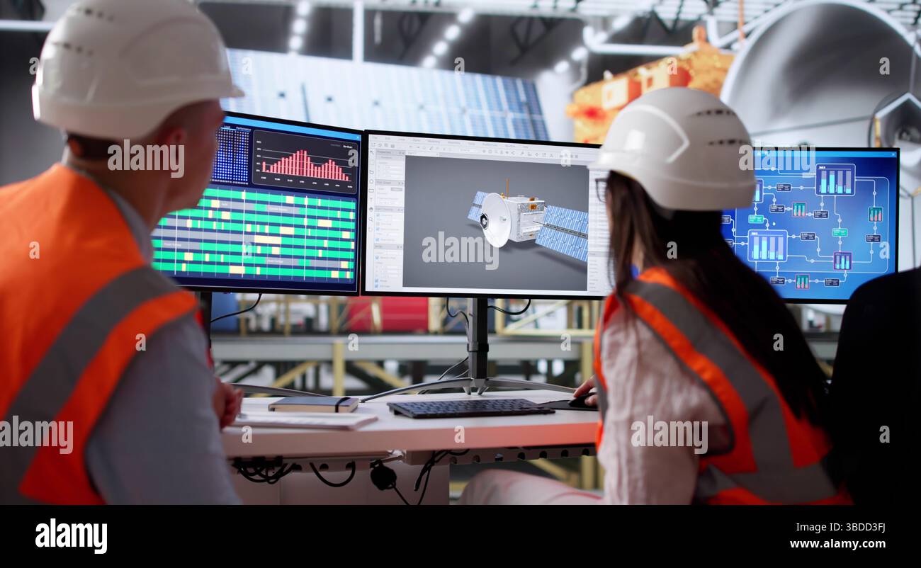 Engineers Working Together In Aerospace Lab Building New Satellite ...