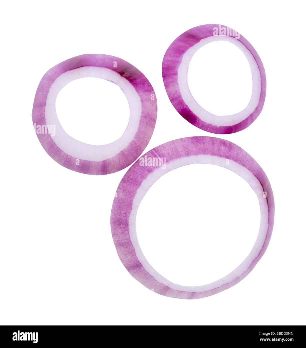 Top view set of three fresh red or purple onion rings in slices in ...