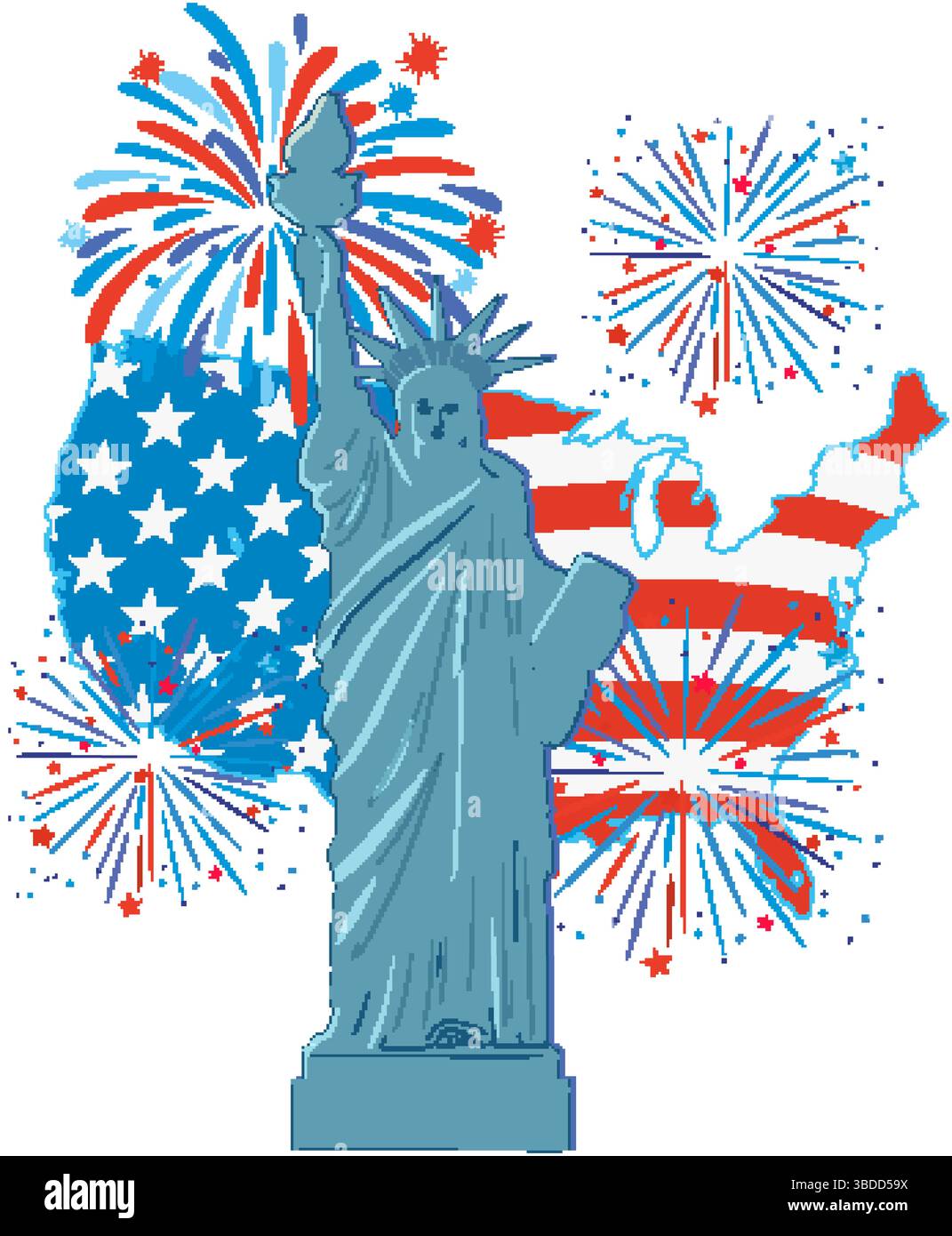 Vector illustration of the Statue of Liberty with vibrant fireworks and ...