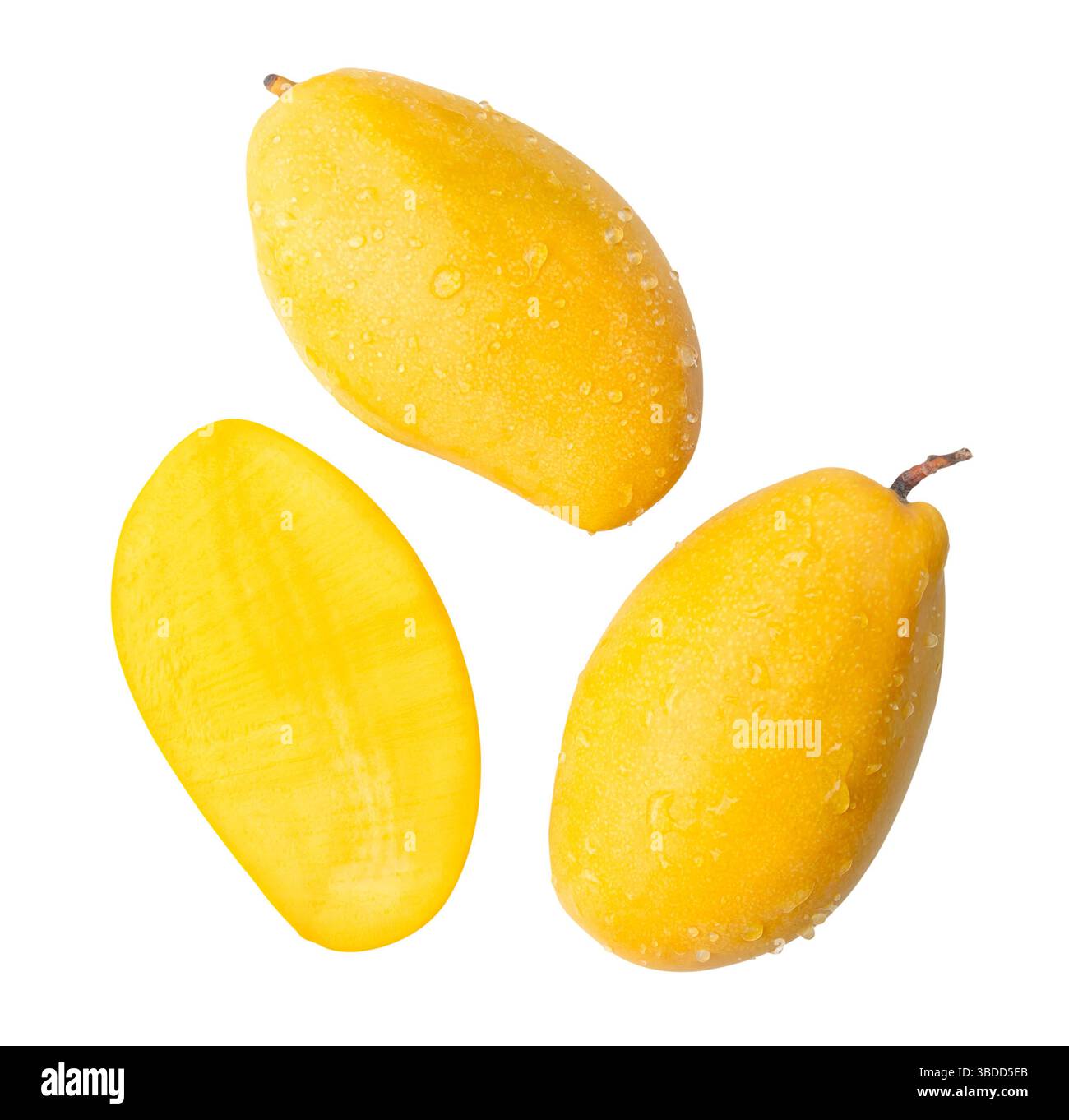 Top view set of two ripe yellow mangoes with half and water droplets is ...