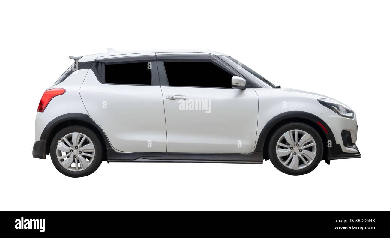 Right side view of mini or small white hatchback car is isolated on ...