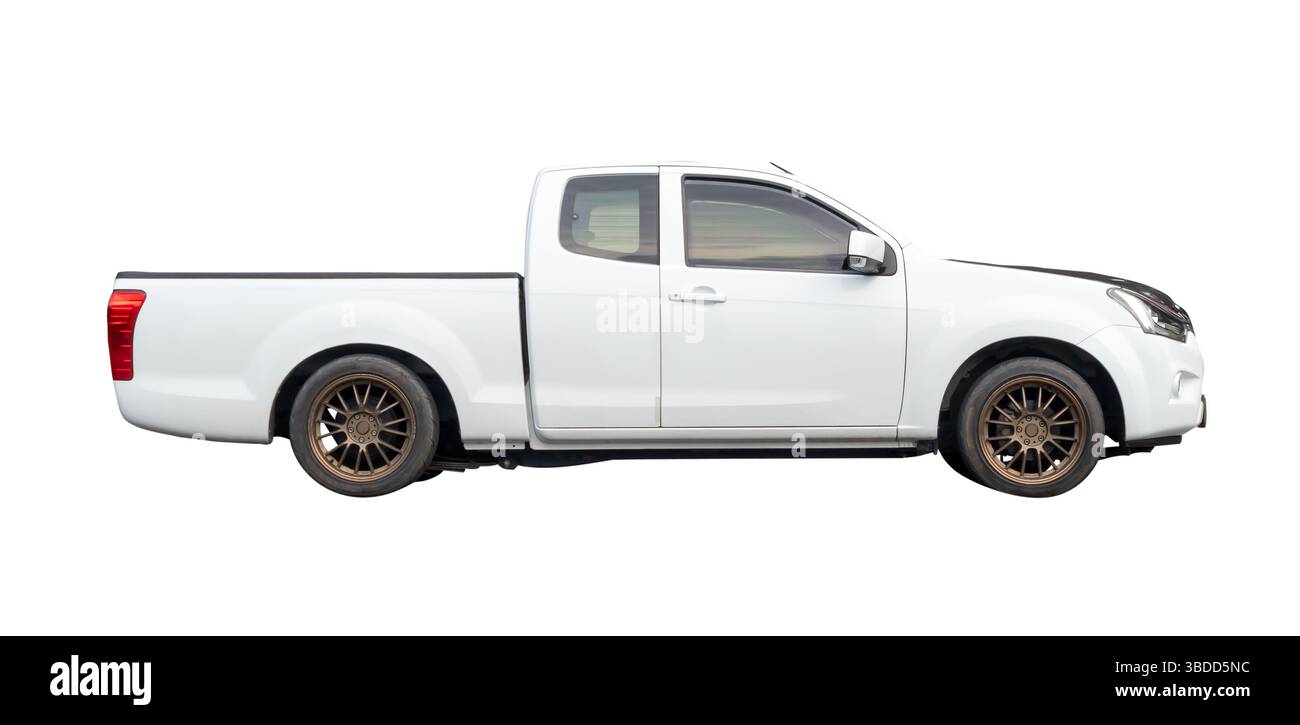 Right side view of white pickup truck is isolated on white background ...