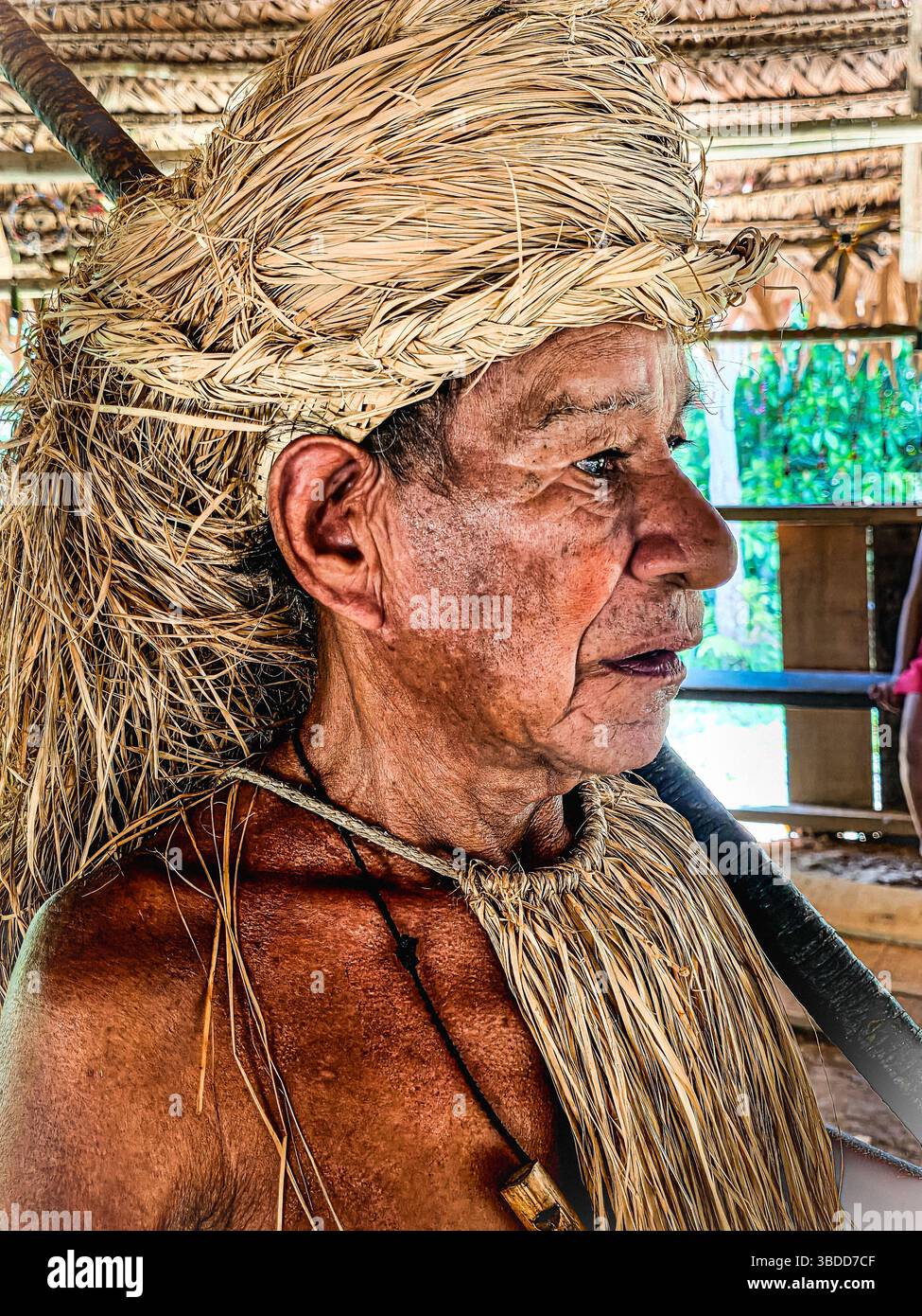 Indigenous Yagua Chief in traditional clothing in Iquitos, Peru Stock ...