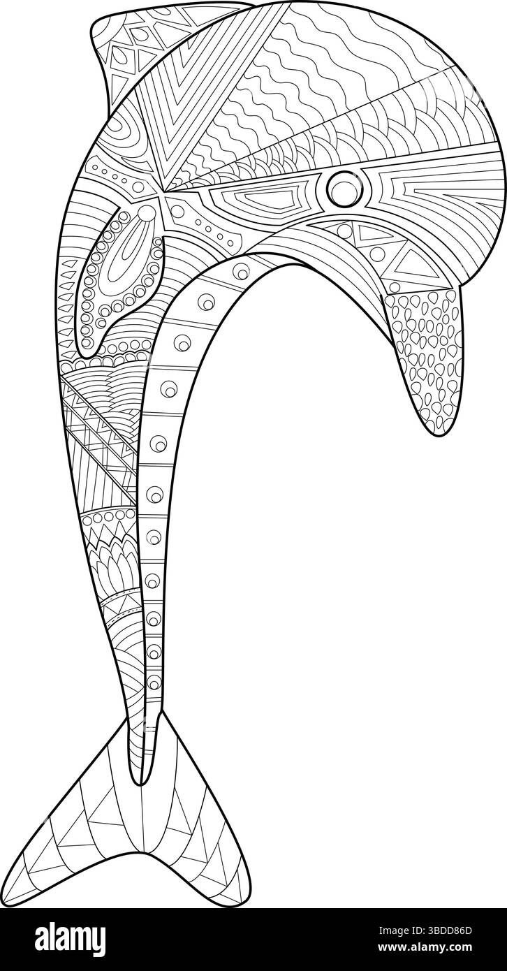 Black and white line art illustration of a dolphin filled with ...