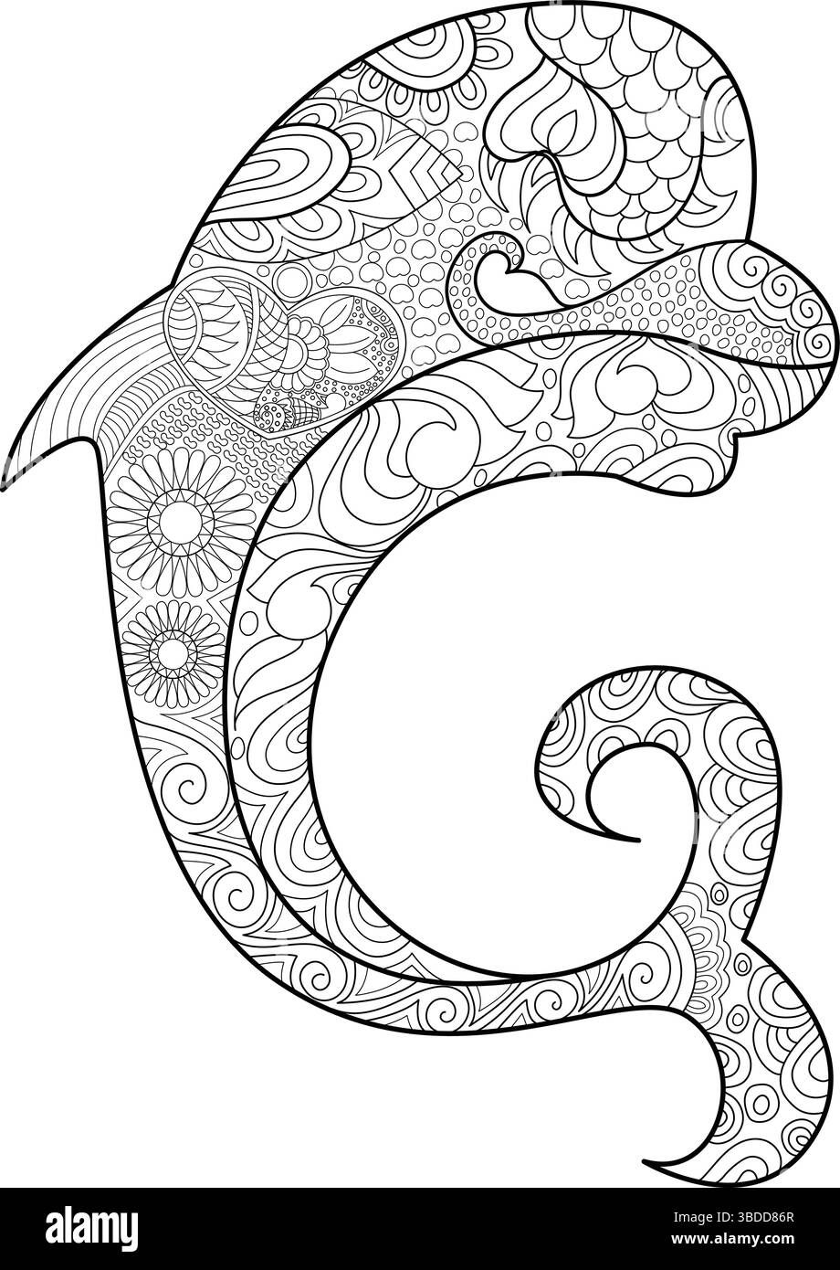 Black and white line art illustration of a stylized dolphin filled with ...
